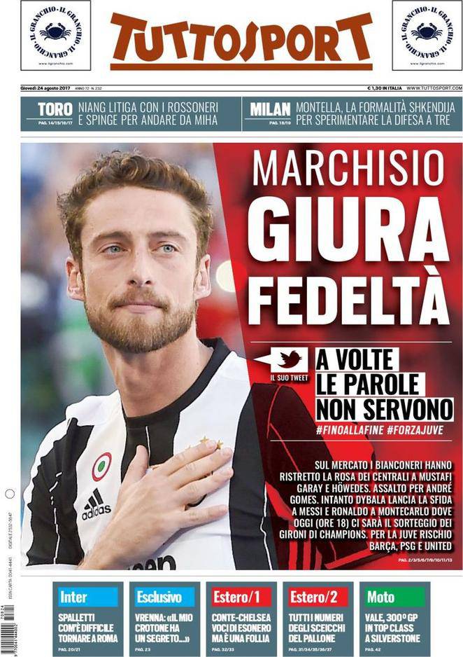 Tuttosport: prima pagina del 24 agosto 2017